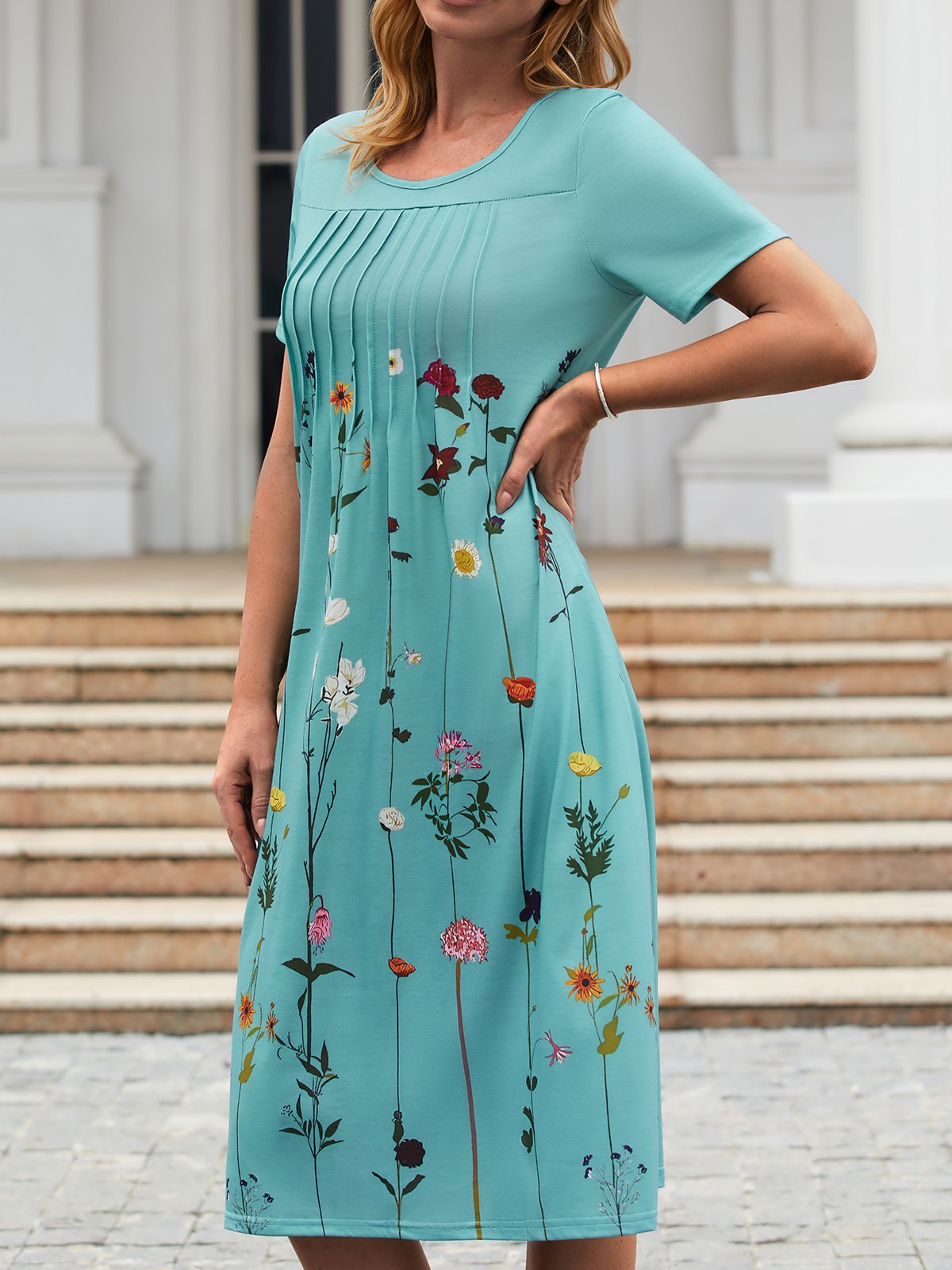Floral Tunic Round Neckline Midi A-line Dress | justfashionnow