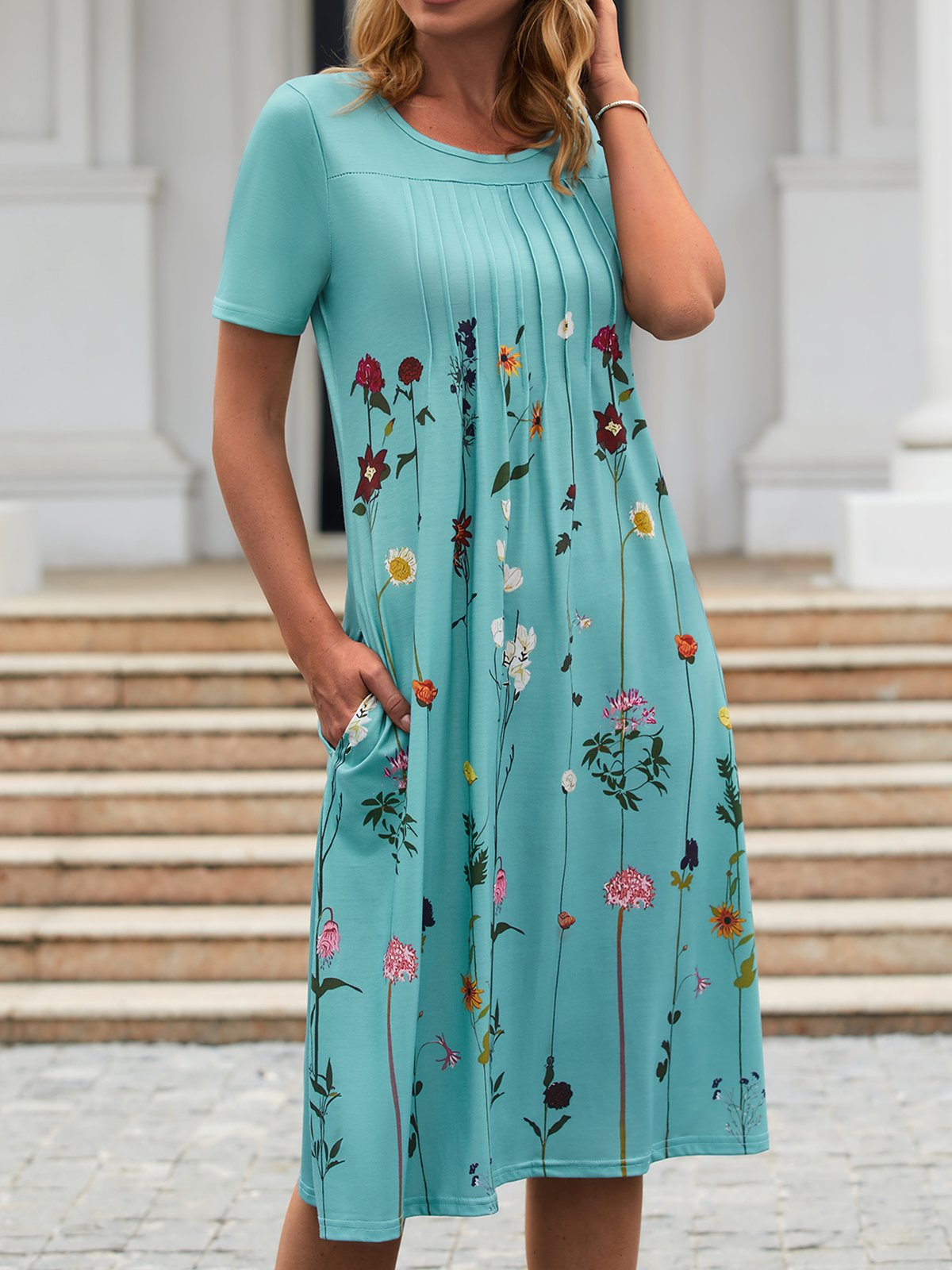 Floral Tunic Round Neckline Midi A-line Dress | justfashionnow