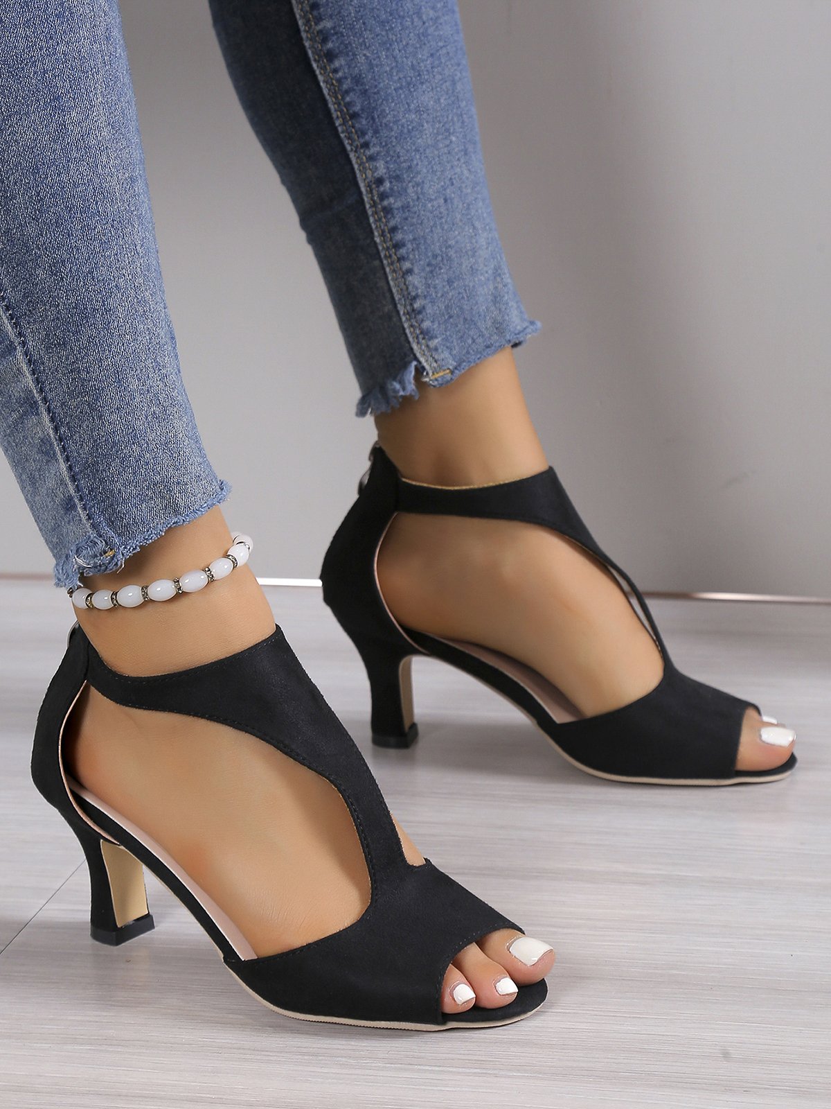 Black Suede Cutout Strap Peep Toe Mid Heel Sandals | justfashionnow