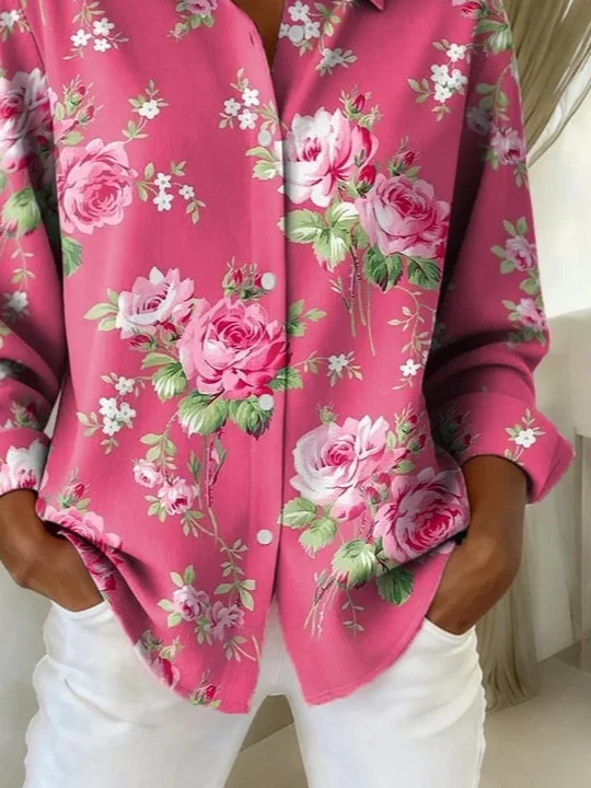 Women Floral Shirt Collar Long Sleeve Shirt Buckle Regular Sleeve ...