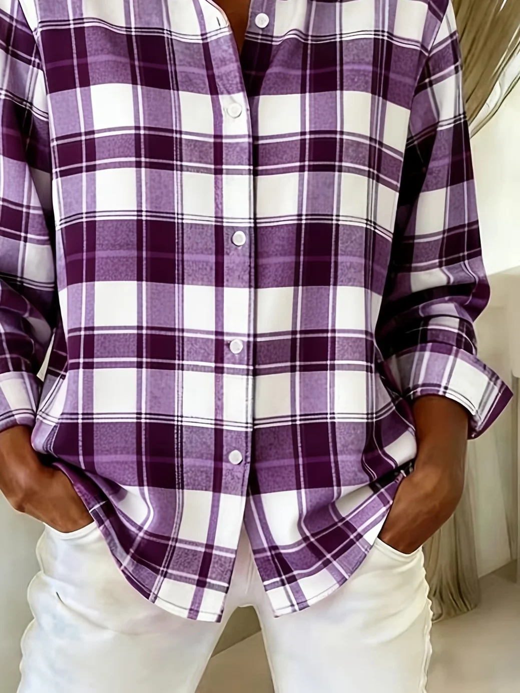 Women Plaid Shirt Collar Long Sleeve Shirt Buckle Regular Sleeve Casual ...