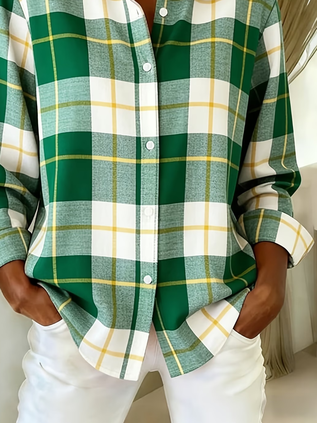 Women Plaid Shirt Collar Long Sleeve Shirt Buckle Regular Sleeve Casual ...