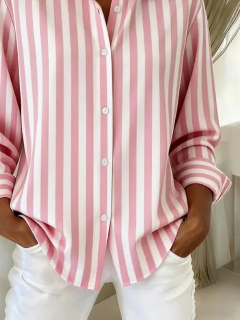 Women Striped Shirt Collar Long Sleeve Shirt Buckle Regular Sleeve ...