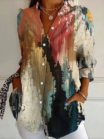 Women's Long Sleeve Shirt Spring/Fall Abstract Shirt Collar Daily Going ...