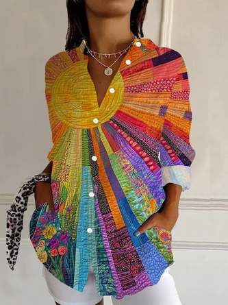 Women's Long Sleeve Shirt Spring/Fall Floral Buckle Shirt Collar Daily ...