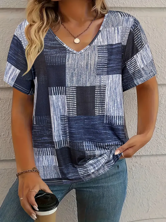 Women's Multicolor Block Short Sleeve Tee T-shirt V Neck Casual Summer ...