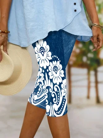 Women Faux Denim Print Graphic Capris Elastic Waist Pant Casual Summer ...