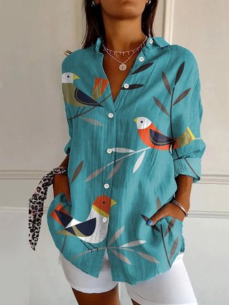 Women Bird Long Sleeve Shirt Spring/Fall Buckle Shirt Collar Daily ...