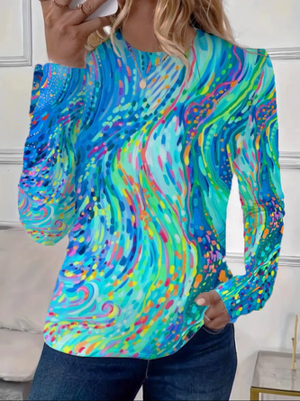 Women Abstract Long Sleeve Tee T-shirt Crew Neck Printing Casual Spring ...