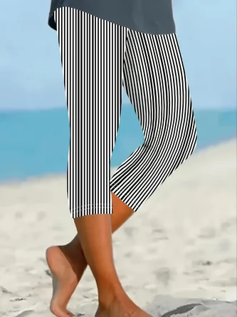 Women Striped Capris Elastic Waist Pants Casual Summer Trousers ...