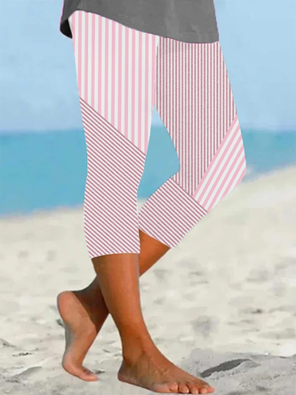 Women Striped Capris Elastic Waist Pants Casual Summer Trousers ...