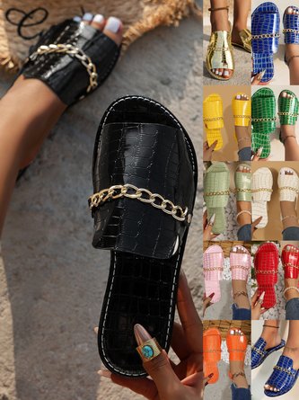 Summer Crocodile Pattern Large Size Outdoor Flat Slippers Women's Metal ...