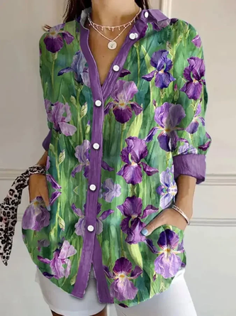 Women Floral Long Sleeve Shirt Spring/Fall Buckle Shirt Collar Daily ...