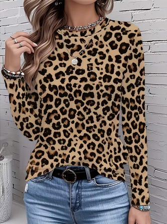 Women Leopard Long Sleeve Tee T-shirt Crew Neck Printing Casual Spring ...