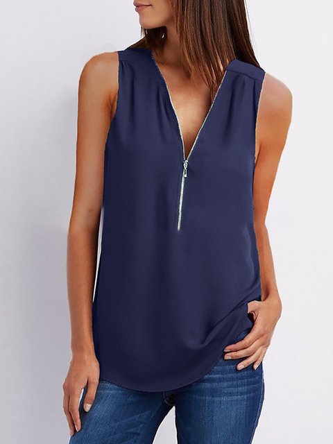 Women T Shirt V Neck Solid Short Sleeve Zipper