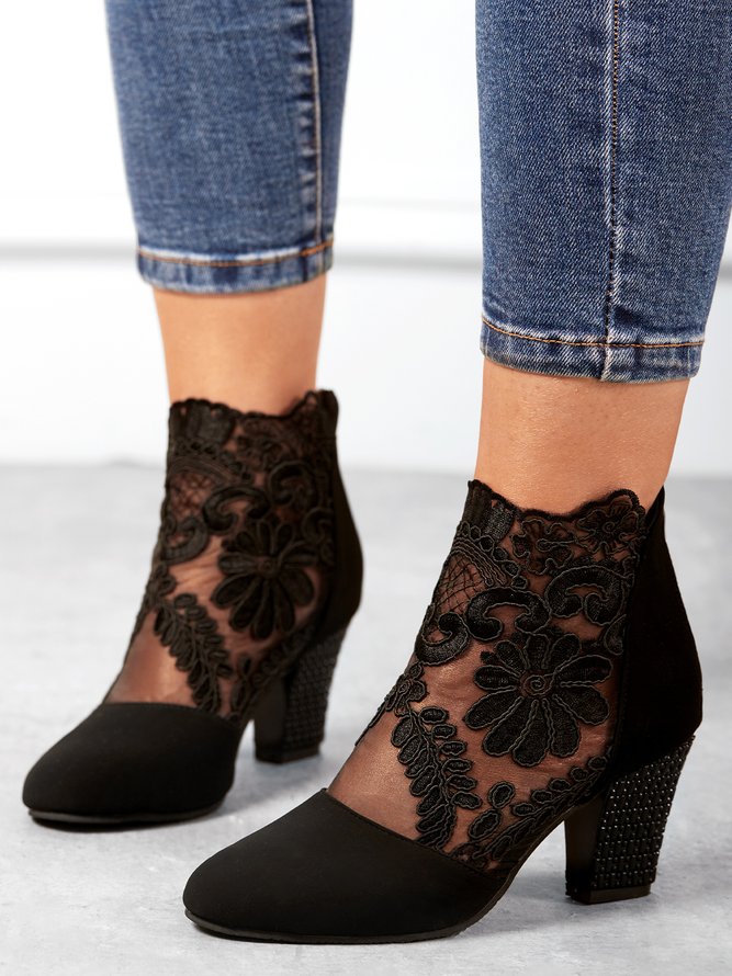 Lace Split Joint Chunky Heel Sandals Boots with Back Zip | justfashionnow