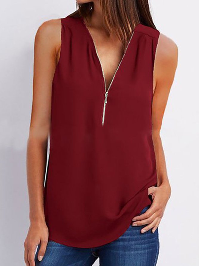 Women T Shirt V Neck Solid Short Sleeve Zipper