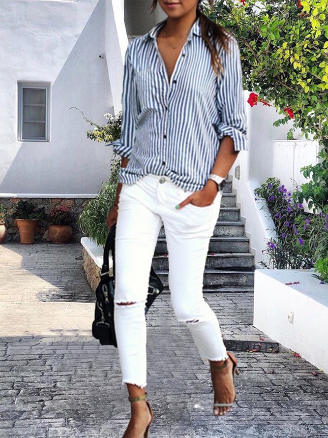 Shirt Collar Buttoned Long Sleeve Shirt Womens Clothing Casual