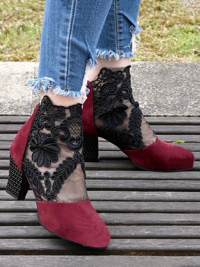Lace Split Joint Chunky Heel Sandals Boots with Back Zip | justfashionnow